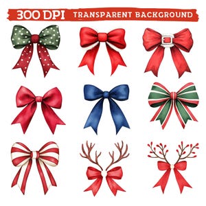 Christmas Coquette Bow Clipart, Watercolor Festive Holiday Bows ...