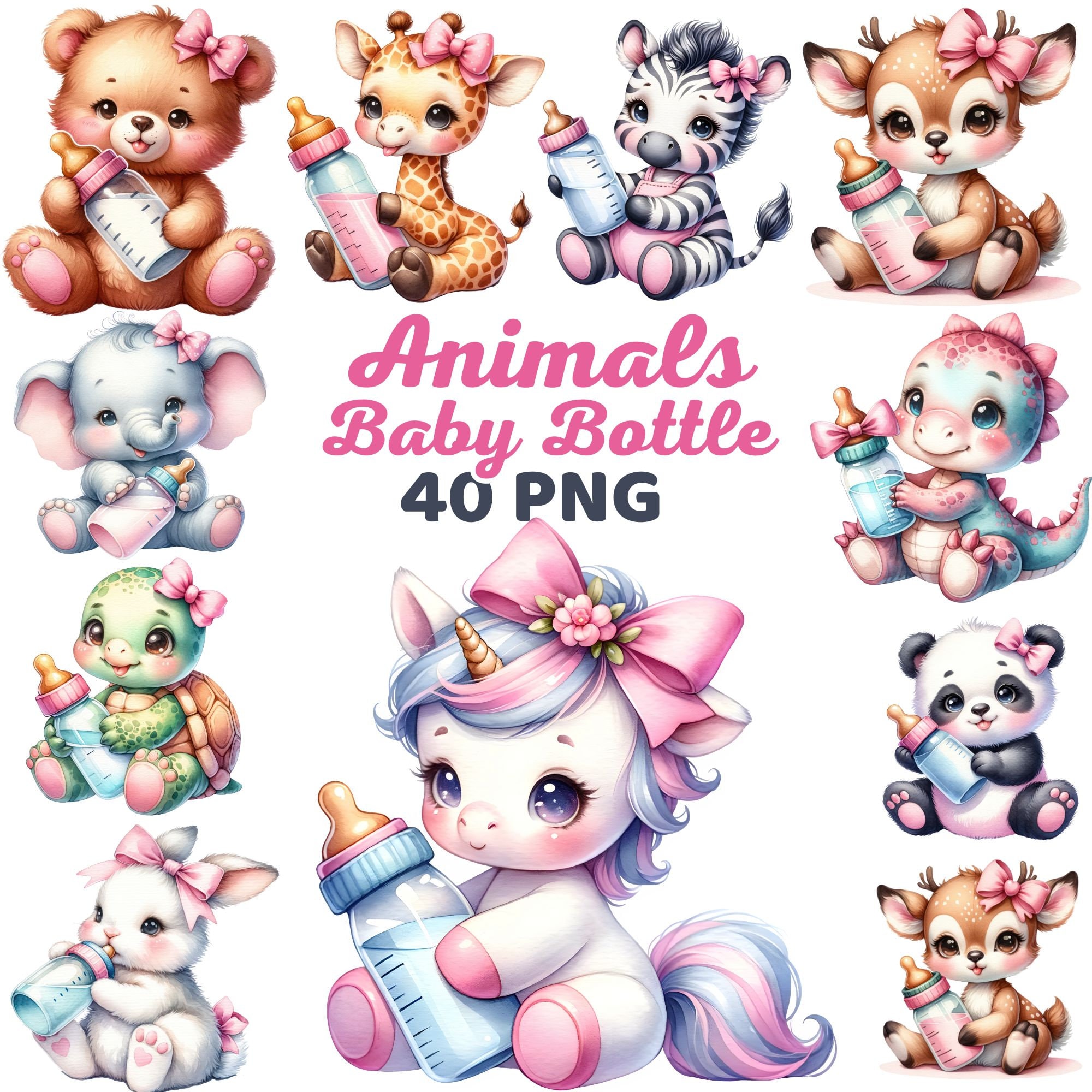 Cute Baby Animals With Baby Bottle Clipart, Watercolor Pink Baby Animal ...