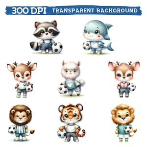 Soccer Animals Clipart, Watercolor Cute Cartoon Sports Nursery ...