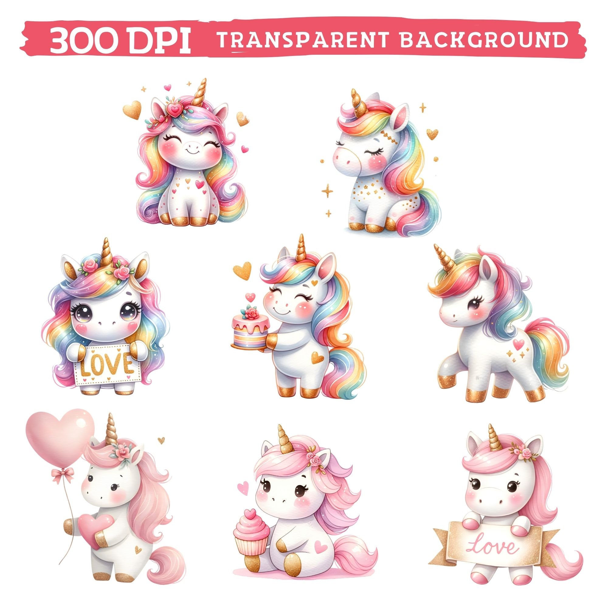 Watercolor Cute Unicorn Valentine Clipart, Romantic Valentine's Day ...