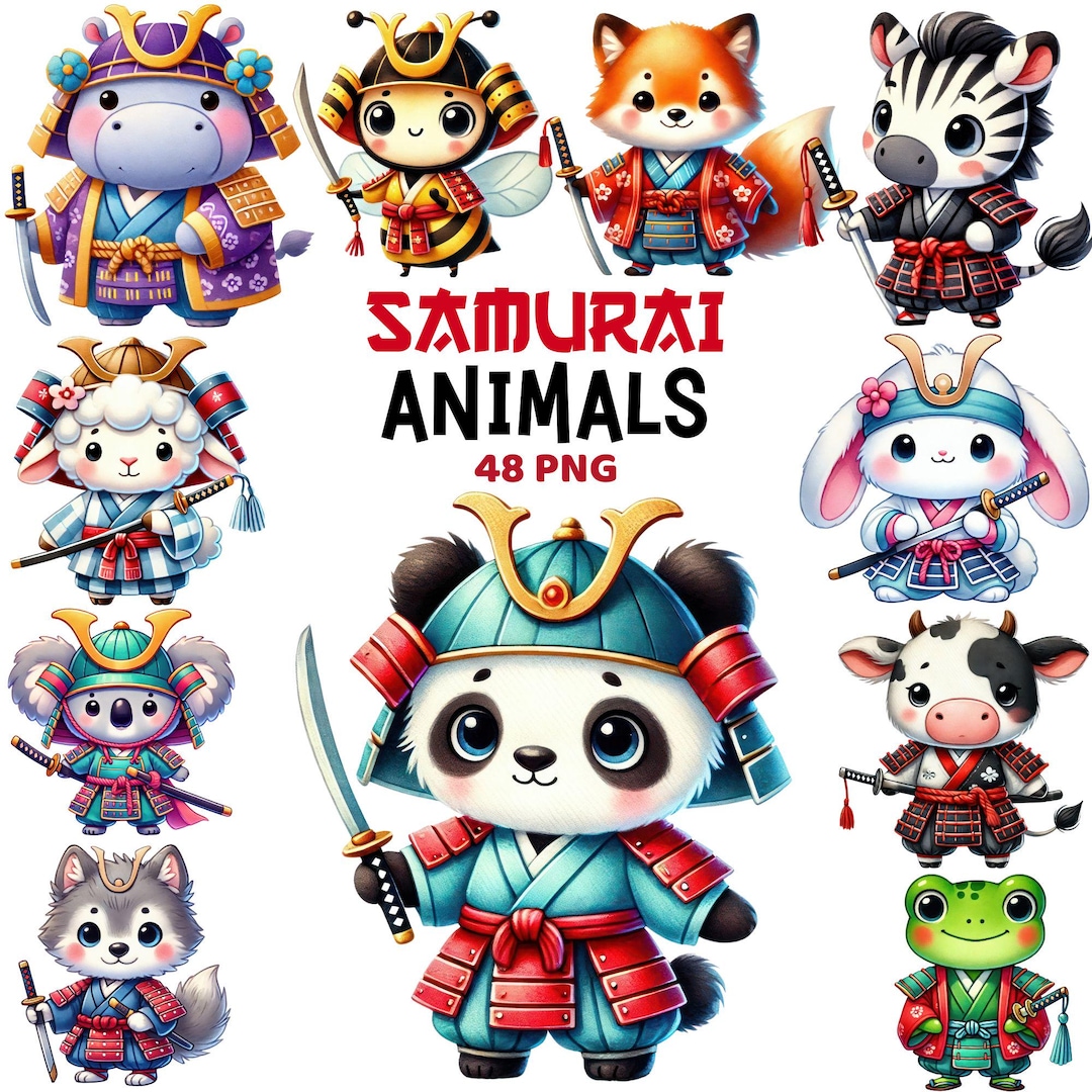 Samurai Animals Clipart, Watercolor Kawaii Warrior Animal, Nursery ...
