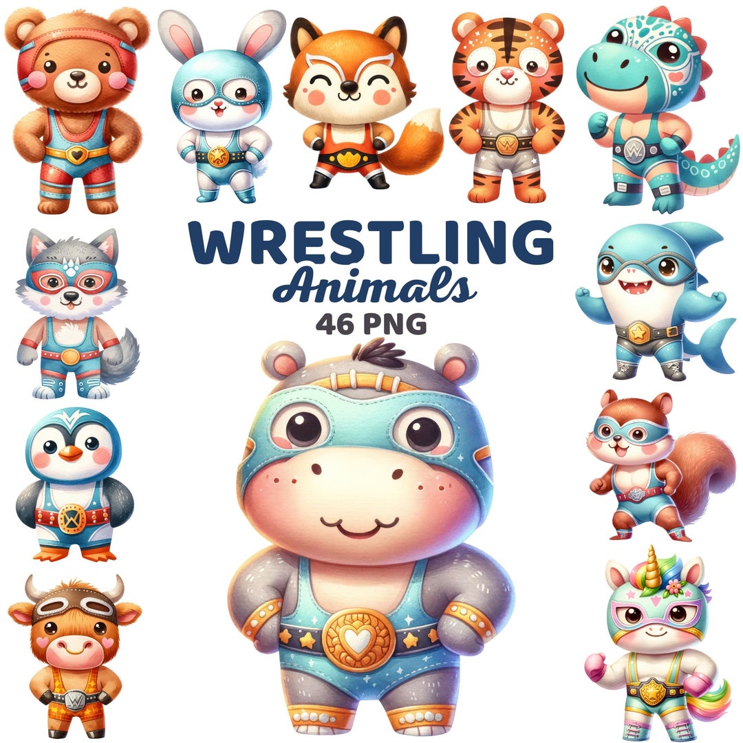 Wrestling Animals Clipart, Watercolor Cute Cartoon Sports Nursery ...