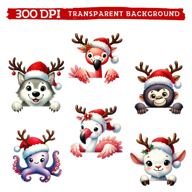 Peeking Christmas Animals Clipart, Watercolor Cute Holiday Animal Face ...