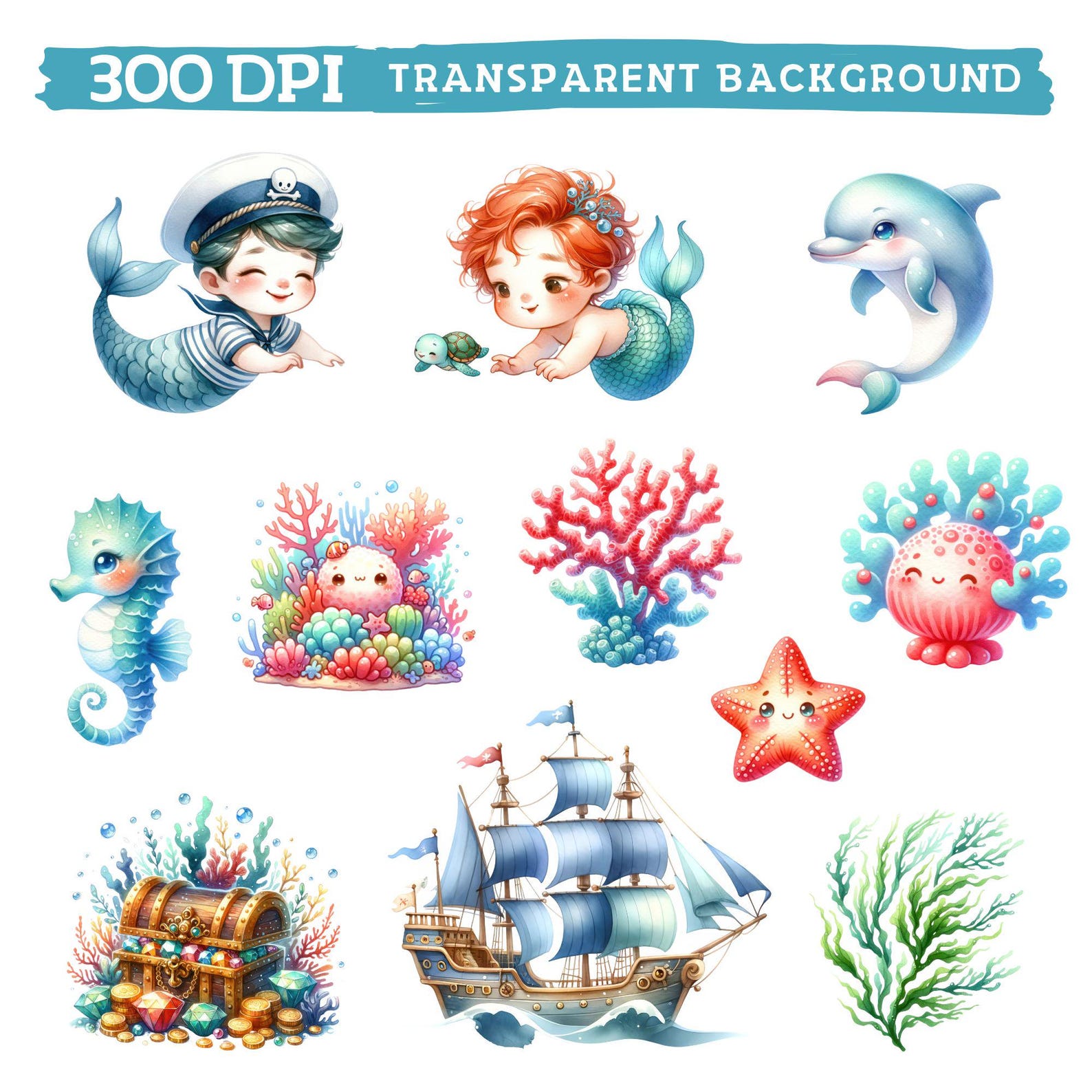 Adorable Merman Clipart Bundle, Watercolor Kid-friendly Mermaid Nursery ...