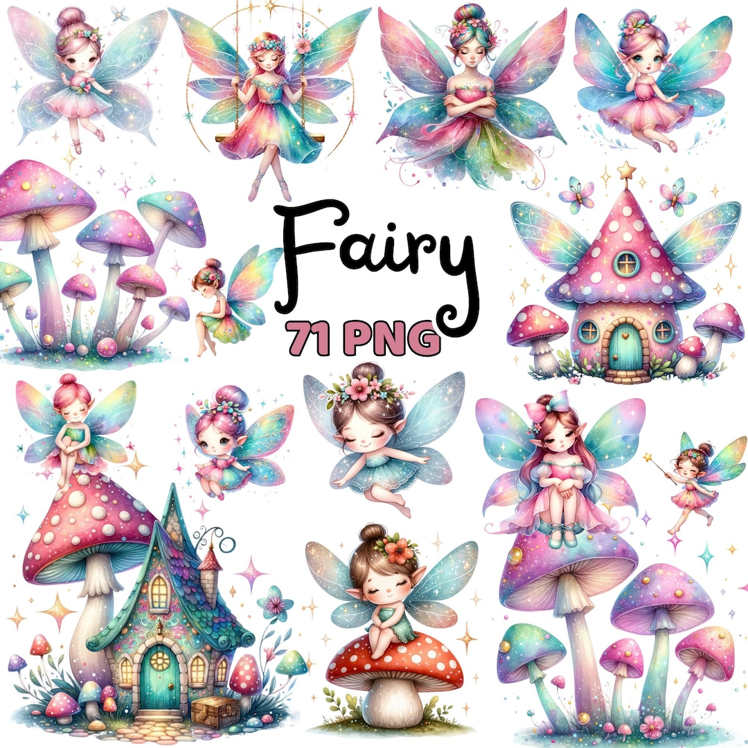 Watercolor Cute Fairy Clipart, Magical Fairy Garden House Flowers ...