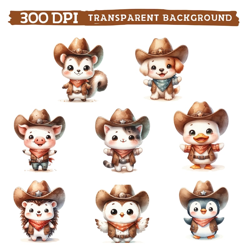 Adorable Cowboy Animal Clipart Set, Watercolor Western Animals Nursery ...