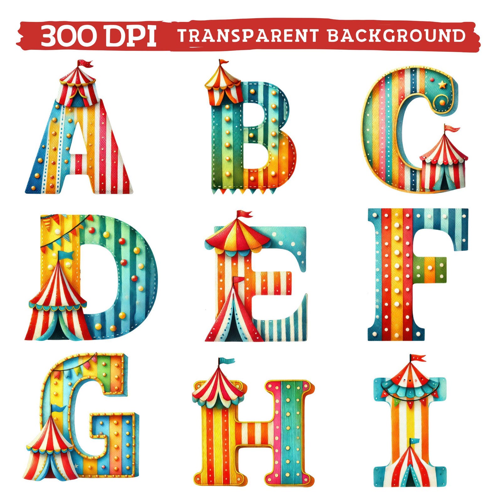 Circus Alphabet Clipart, Watercolor Colorful Carnival Letters & Numbers ...