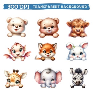 Peeking Animals Clipart, Watercolor Cute Baby Animal Faces Peeking Over ...