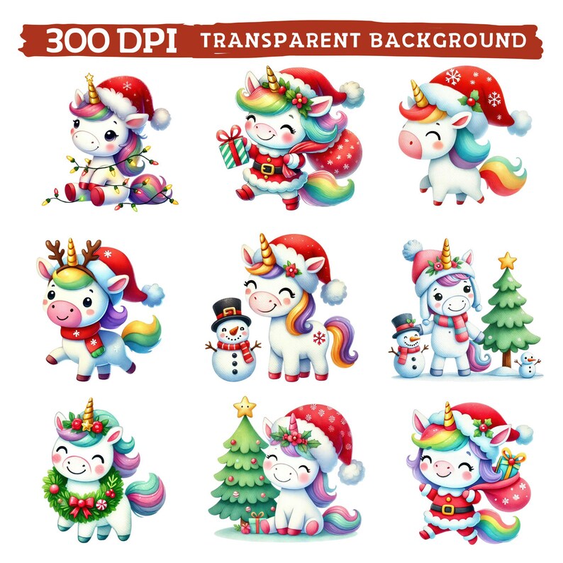 Christmas Unicorn Clipart, Watercolor Cute Holiday Unicorns, Festive ...