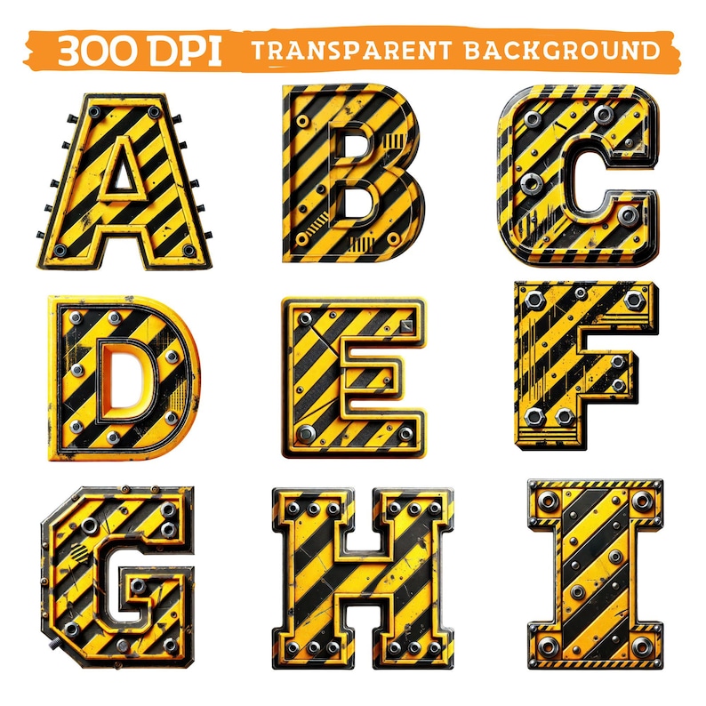 Construction Alphabet Clipart, Yellow Black Industrial Letters Number ...