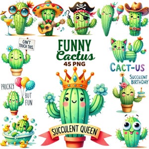 Funny Cactus Clipart, Watercolor Cute Quirky Succulent, Nursery Decor ...