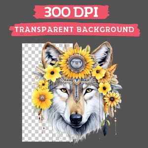 Watercolor Boho Wolf Sunflower Florals Clipart, Mystic Wolf Face Flower ...