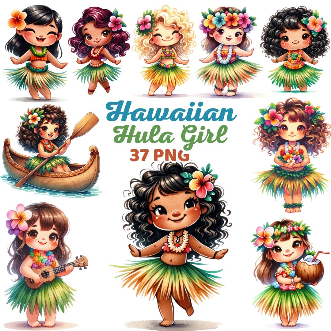 Cute Hawaiian Hula Girl Clipart, Watercolor Tropical Beach Summer, Luau ...