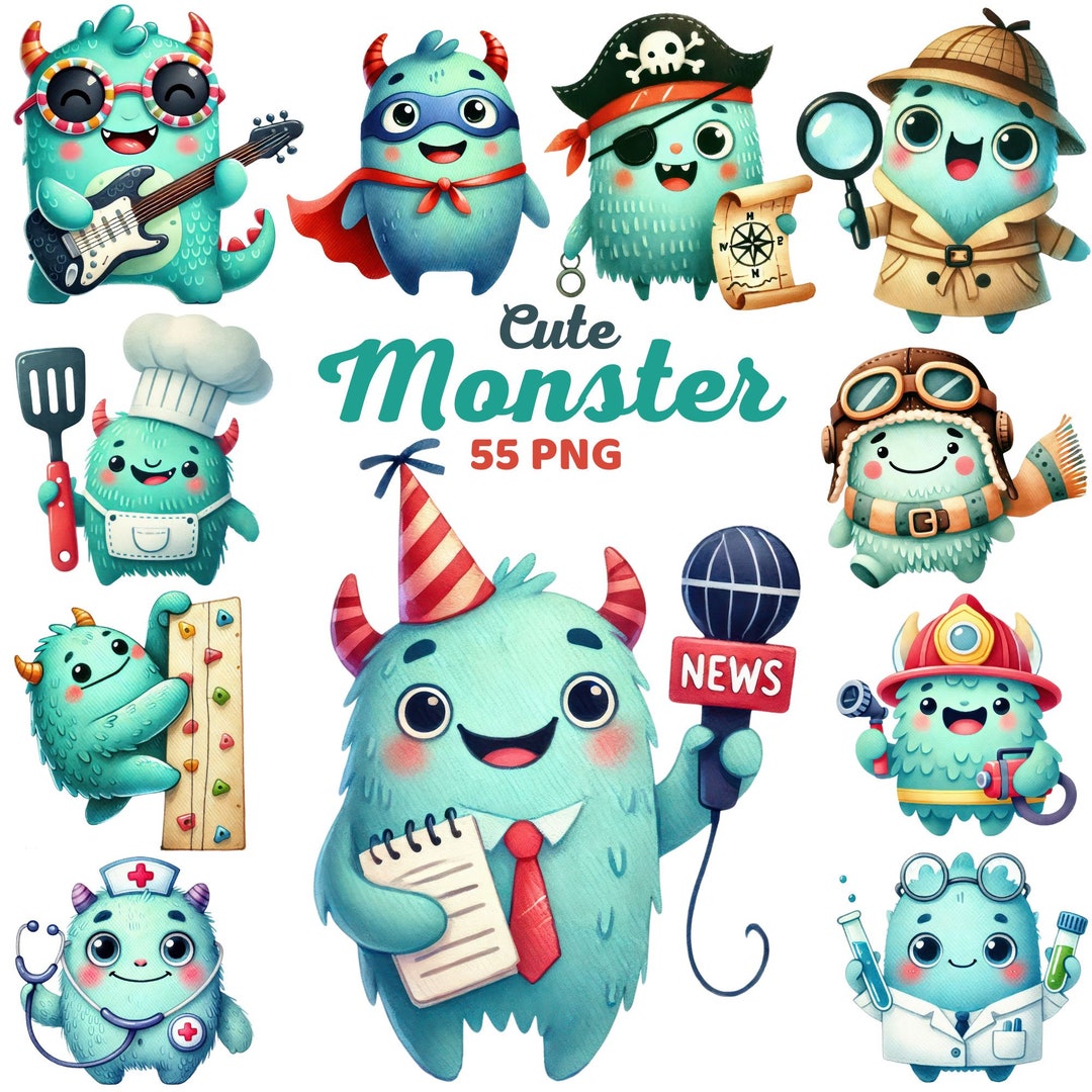 Cute Monster Clipart, Watercolor Monsters Nursery, Fantasy Creatures ...