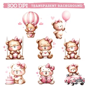 Watercolor Cute Baby Girl Bear Clipart, Sweet Bear Pink Nursery ...