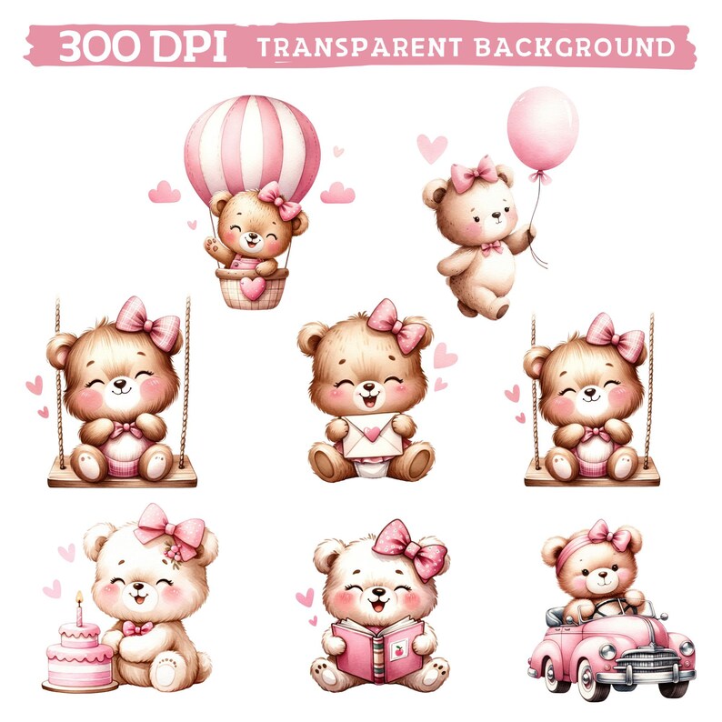 Watercolor Cute Baby Girl Bear Clipart, Sweet Bear Pink Nursery ...