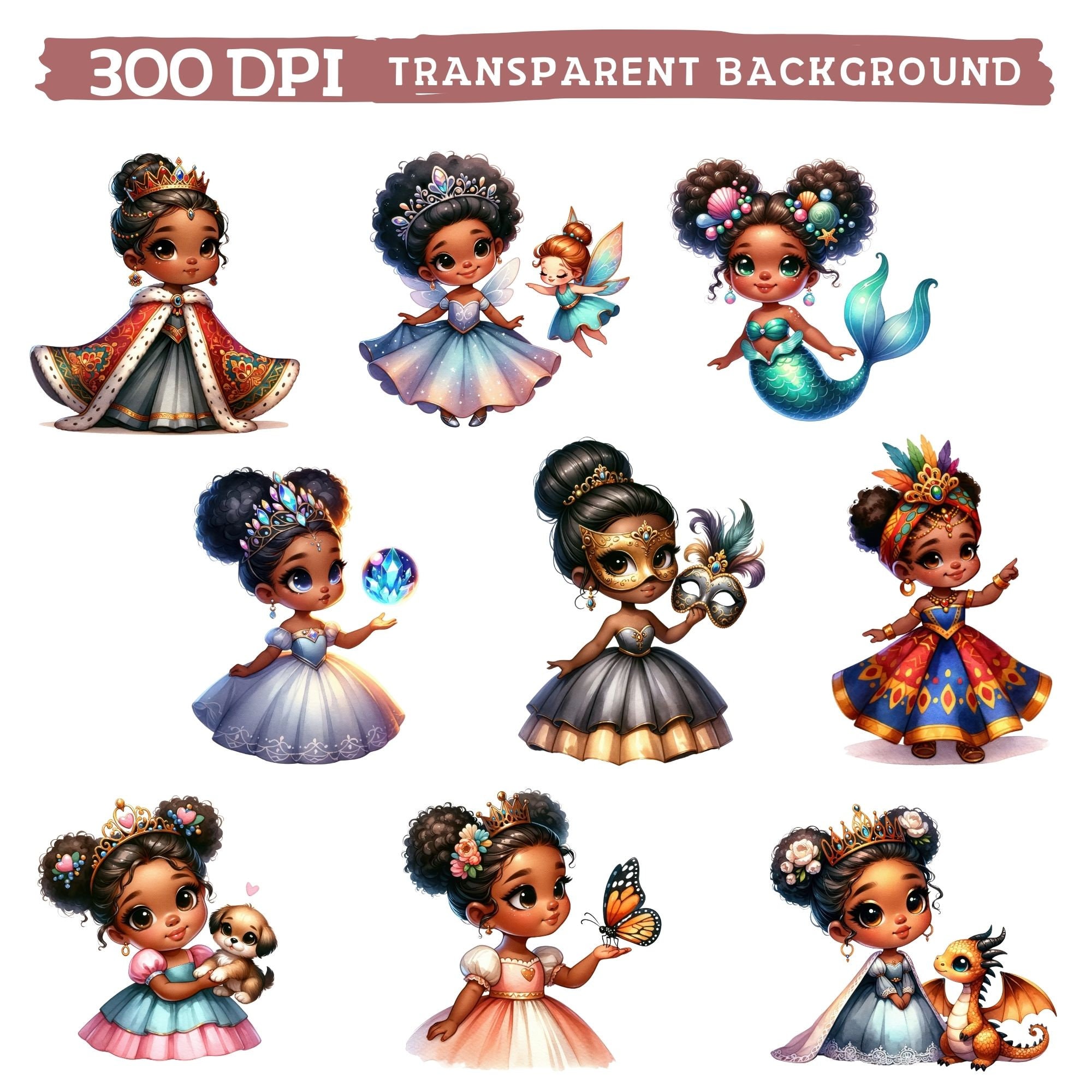 Watercolor Cute African American Princess Clipart, Black Princess Party ...