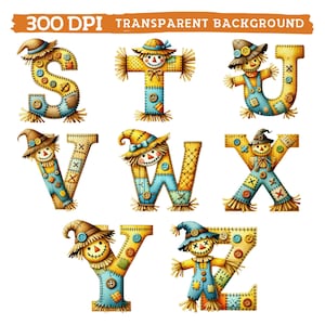 Scarecrow Alphabet Clipart, Watercolor Fall Letter Number, Rustic ...