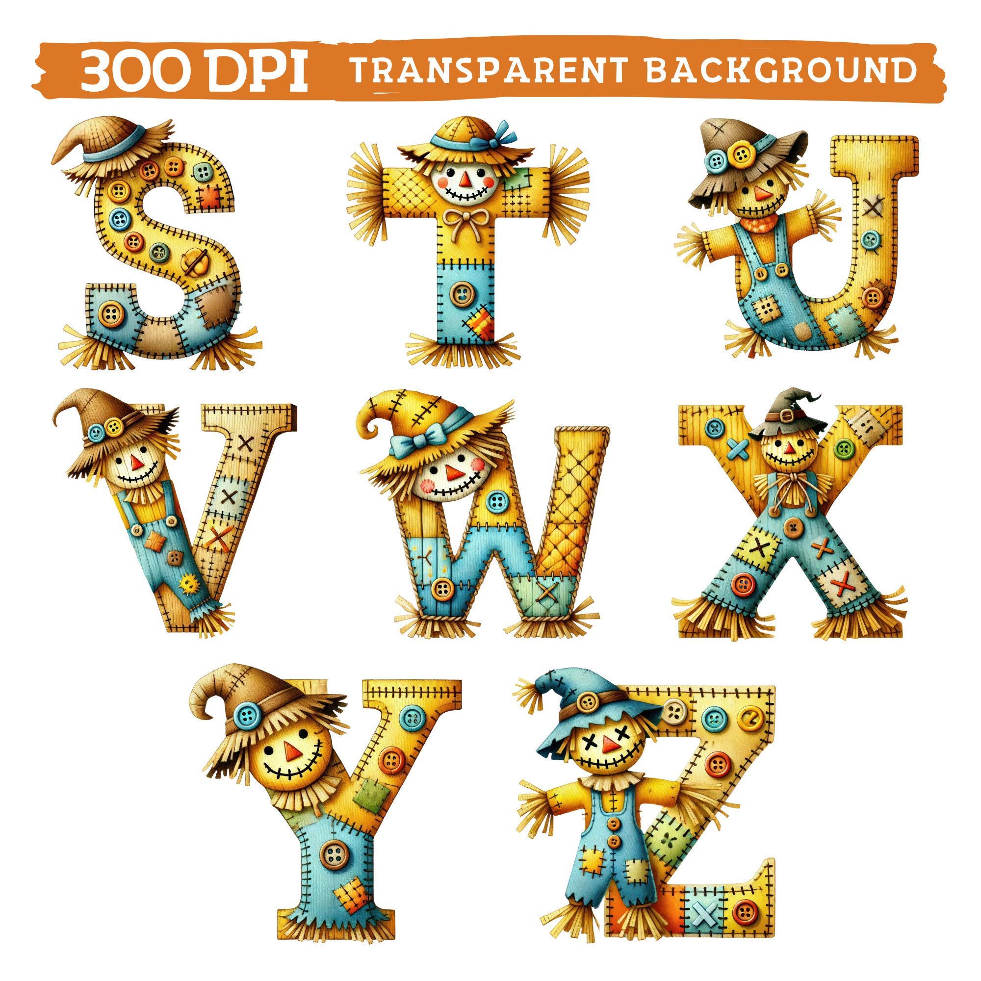 Scarecrow Alphabet Clipart, Watercolor Fall Letter Number, Rustic ...