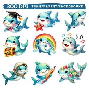 Cute Shark Clipart, Watercolor Ocean, Undersea Nursery Decor, Marine ...