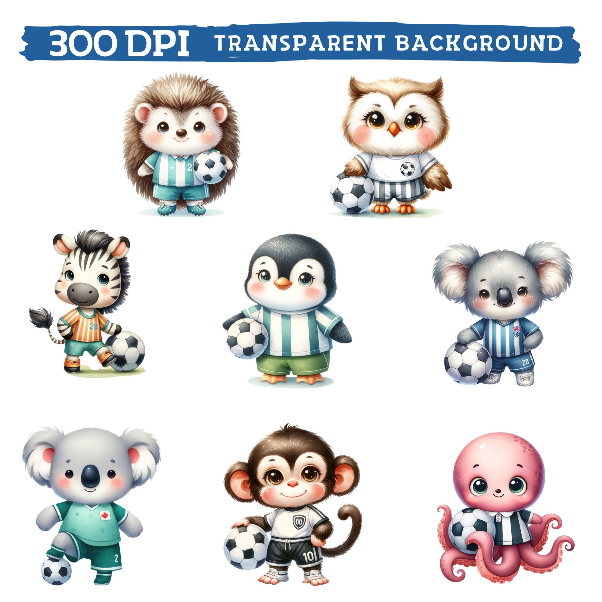 Soccer Animals Clipart, Watercolor Cute Cartoon Sports Nursery ...