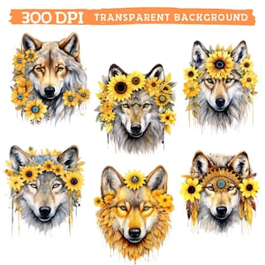 Watercolor Boho Wolf Sunflower Florals Clipart, Mystic Wolf Face Flower ...
