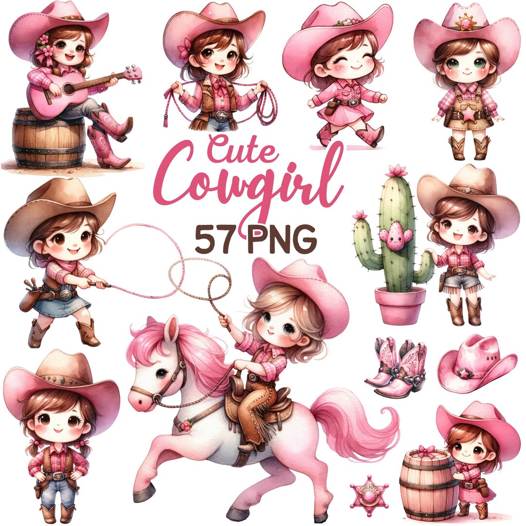 Watercolor Cute Pink Cowgirl Clipart, Cowgirls Western Country Nursery ...