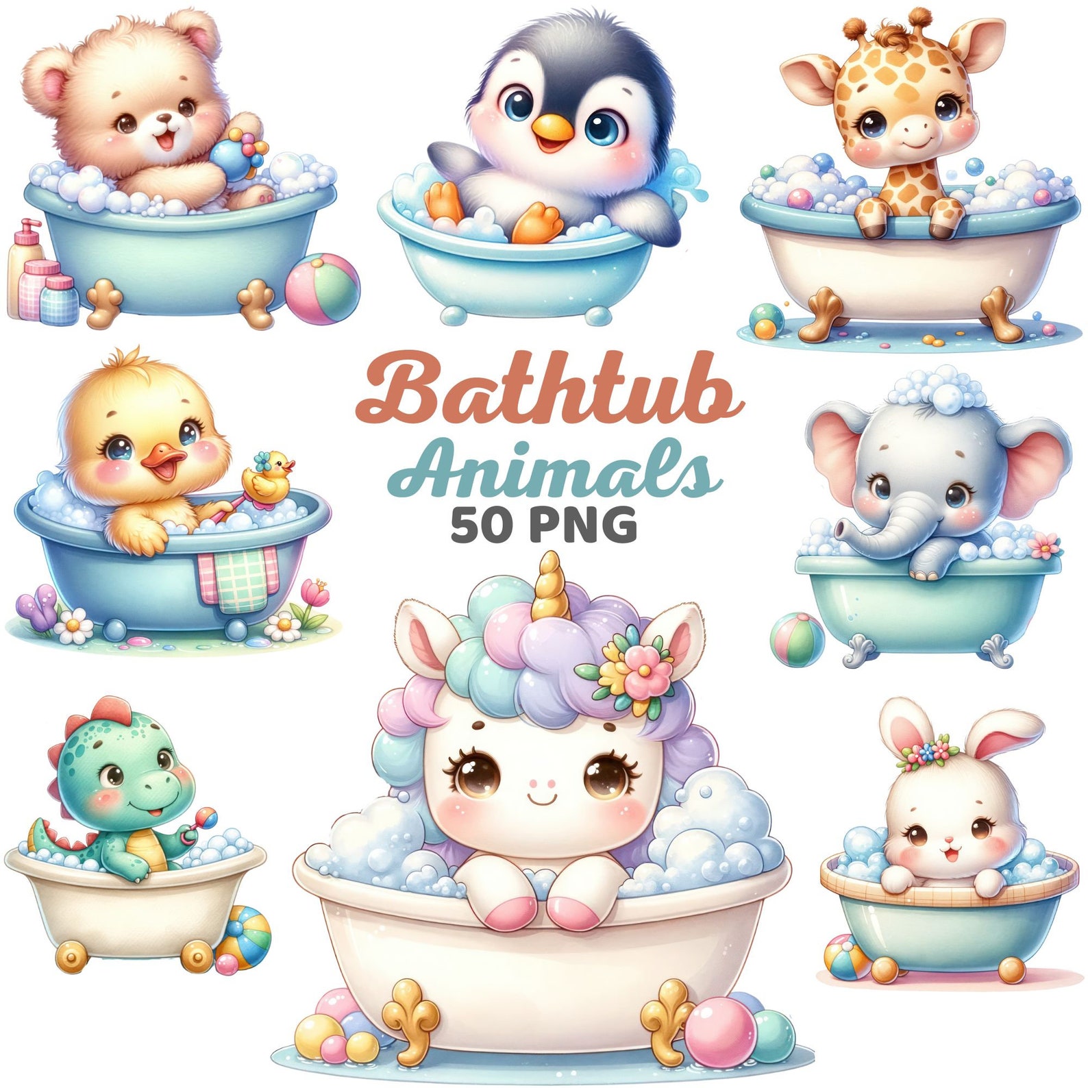 Adorable Bathtub Animal Clipart, Watercolor Cute Baby Animals in Tubs ...