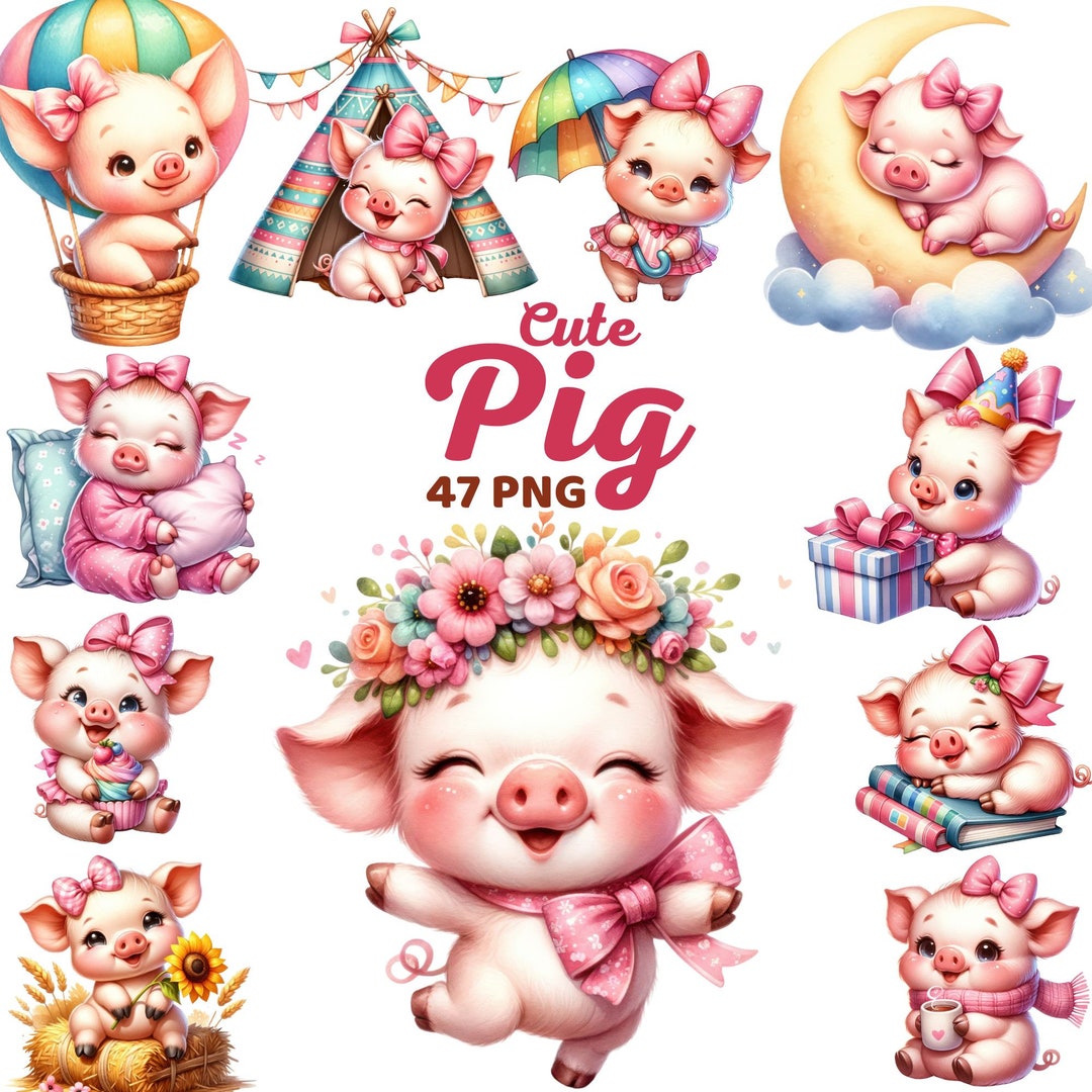 Cute Pig Clipart, Watercolor Baby Pig Nursery, Pig Sleep on Moon, Pig ...