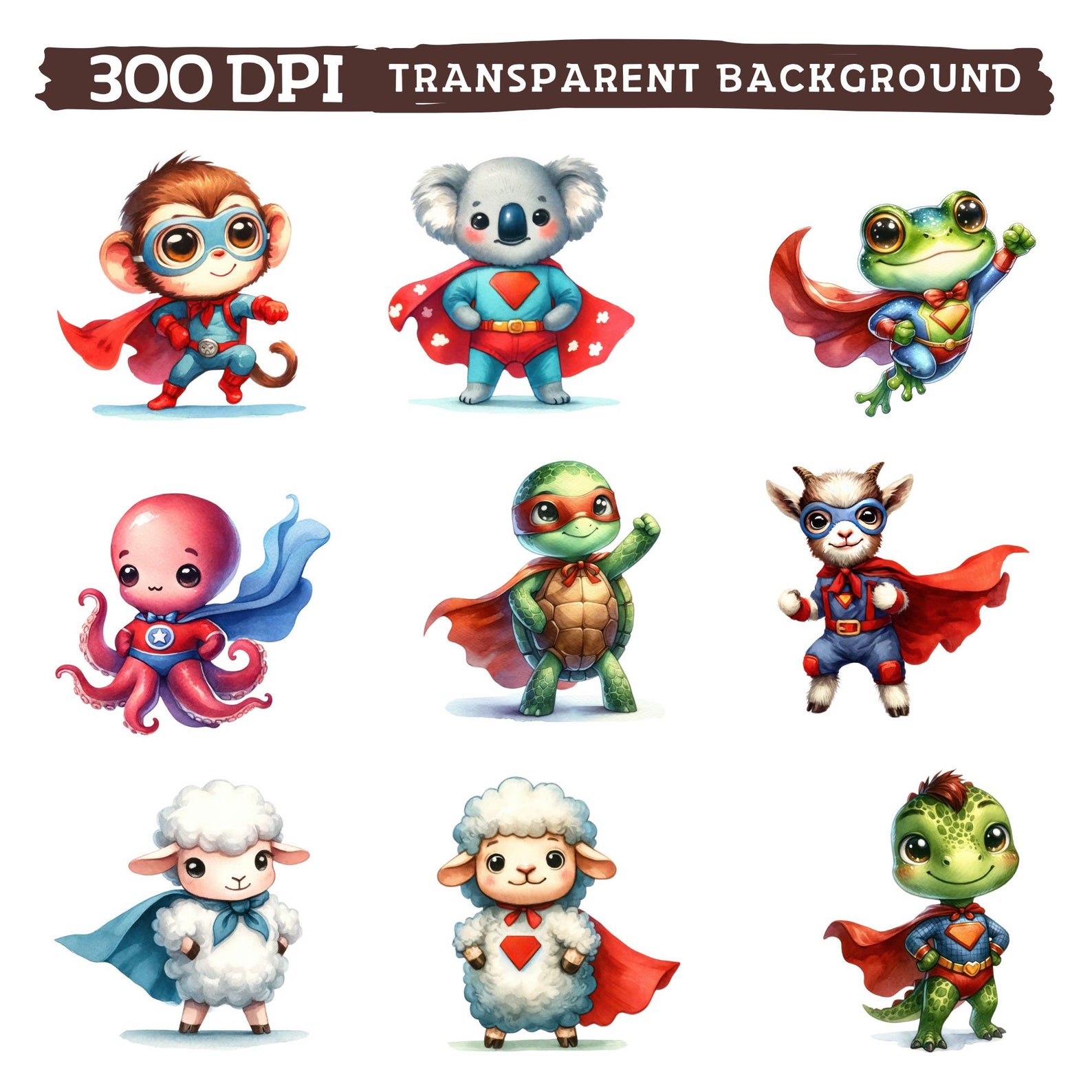 Cute Superhero Animals Clipart, Watercolor Baby Animal Nursery, Fantasy ...
