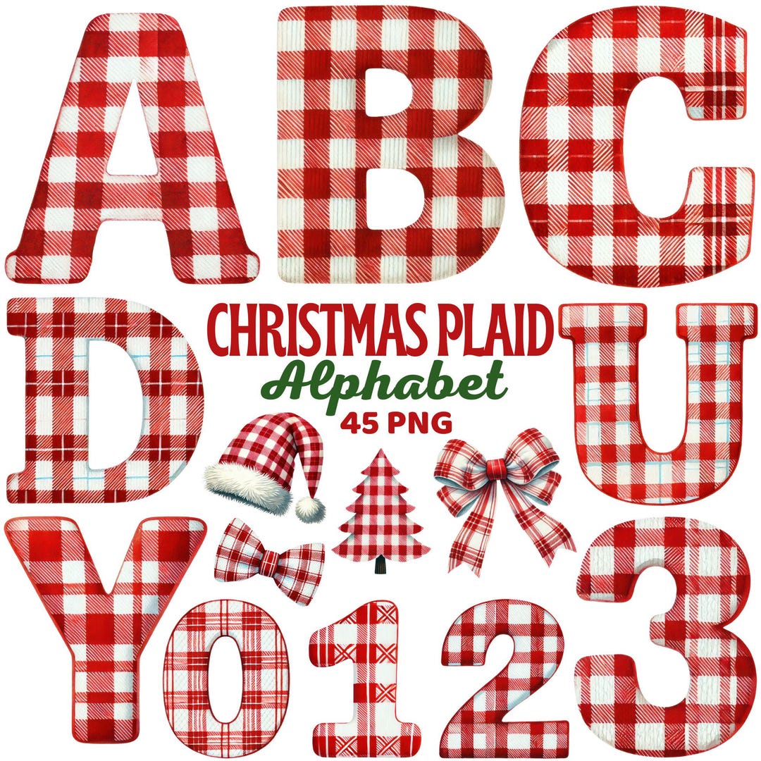 Christmas Plaid Alphabet Clipart, Red Festive Letters & Numbers, Cozy Xmas Font Lettering ...