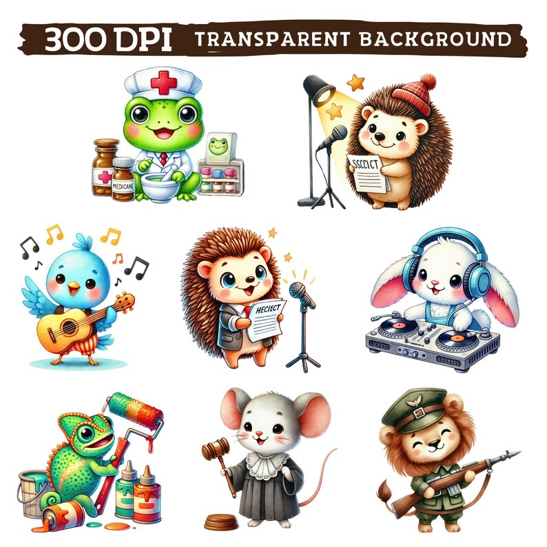 Labor Day Animals Clipart, Watercolor Cute Animal Workers, Occupation ...