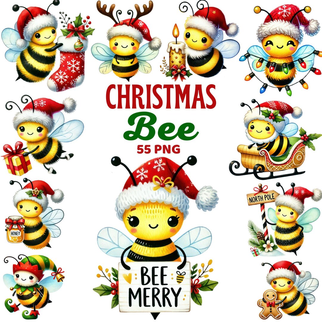 Christmas Bee Clipart, Watercolor Cute Holiday Bees, Nursery Decor ...