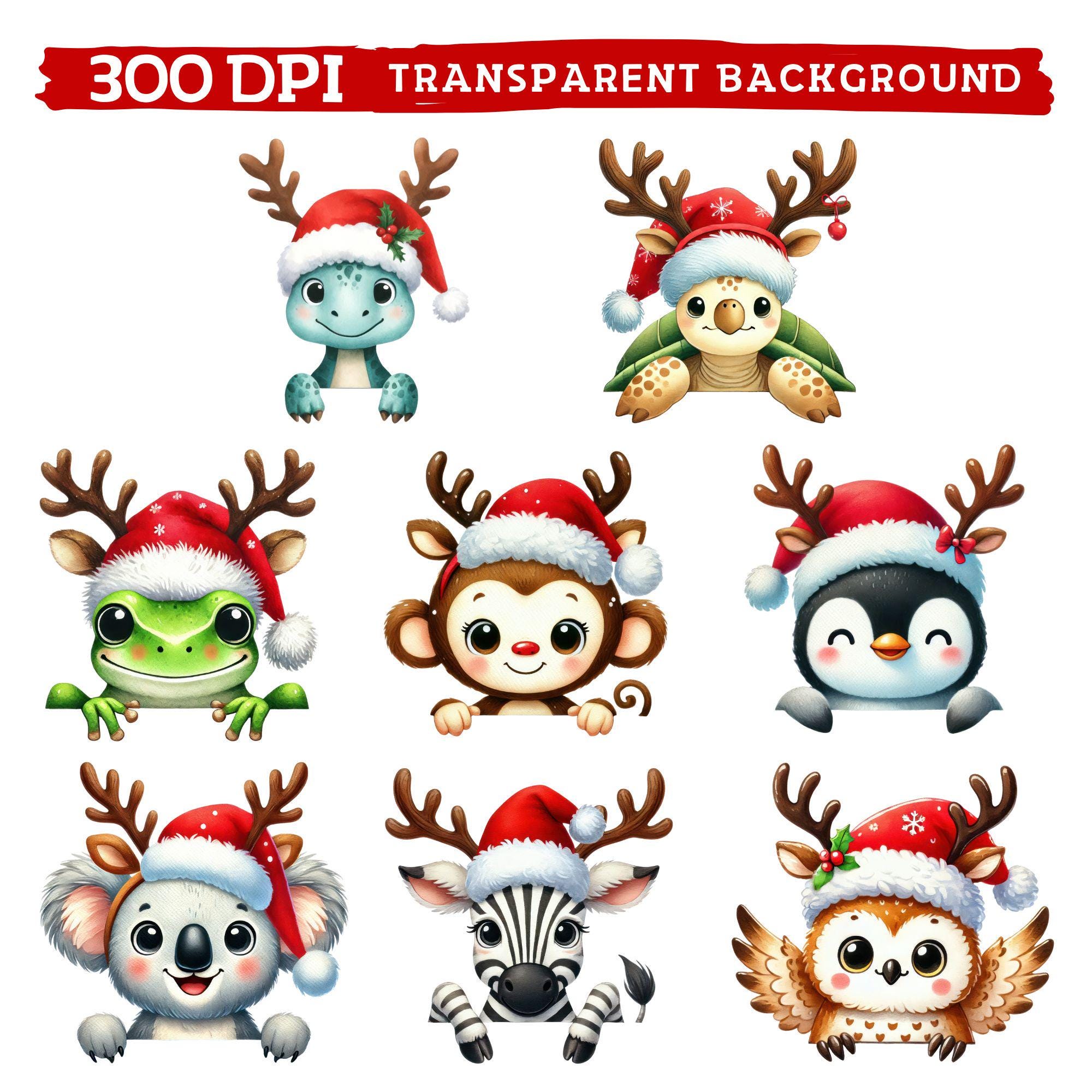 Peeking Christmas Animals Clipart, Watercolor Cute Holiday Animal Face ...