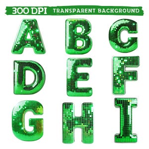 Retro Disco Alphabet Clipart, Green Shiny Mirror Ball Letters & Numbers ...