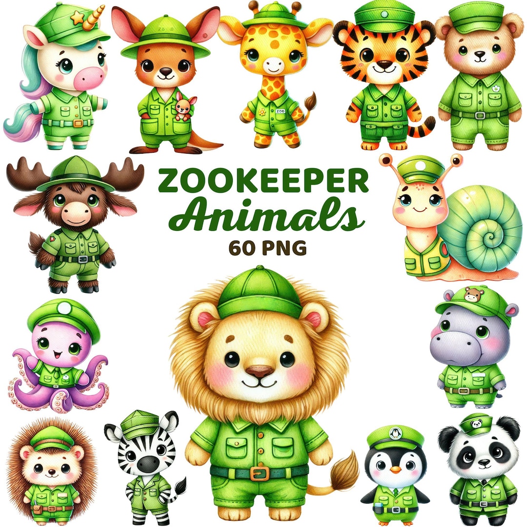 Zookeeper Animals Clipart, Watercolor Cute Jungle Safari Zoo Animal ...