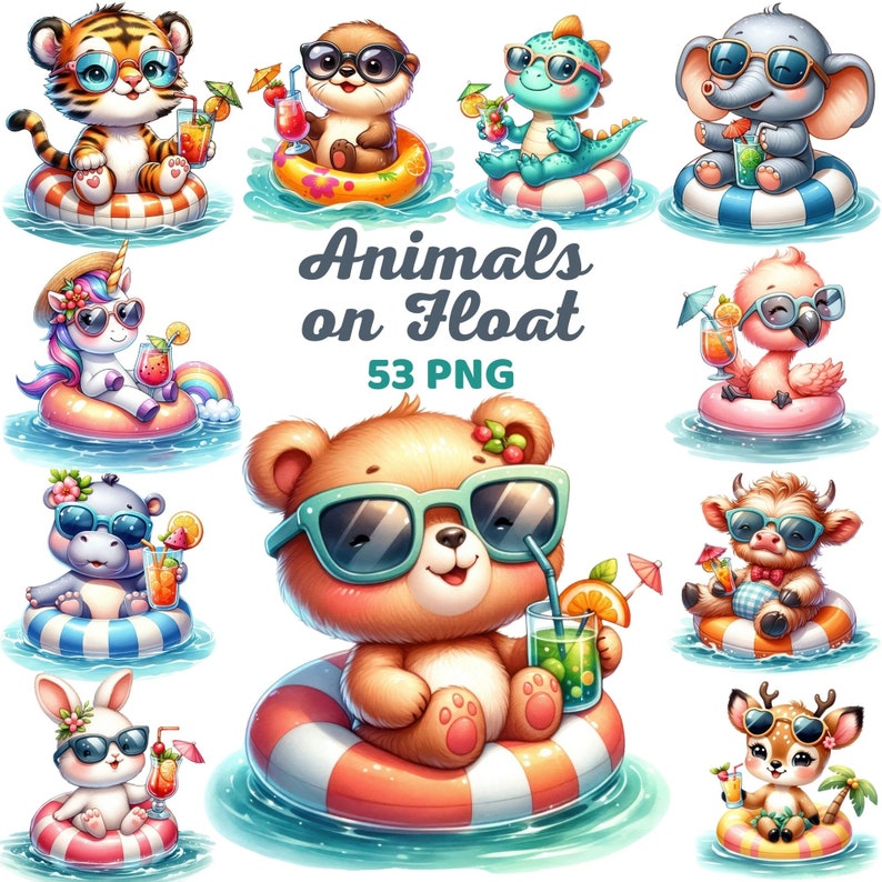 Cute Animals on Float Clipart, Watercolor Pool Nursery, Tropical Vibes ...