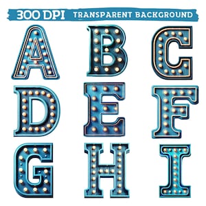 Blue Marquee Alphabet Clipart, Retro Light Bulb Letters & Numbers ...