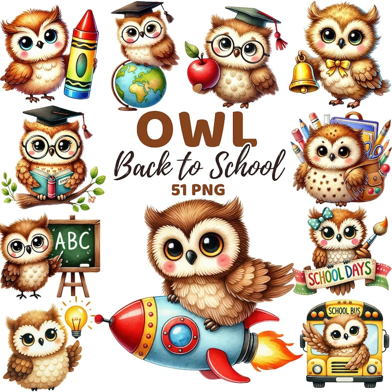 Owl Back to School Clipart, Watercolor Cute Teacher Student Classroom ...