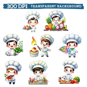 Cute Boy Chef Clipart, Watercolor Kids Kitchen, Cooking, Baking Nursery ...
