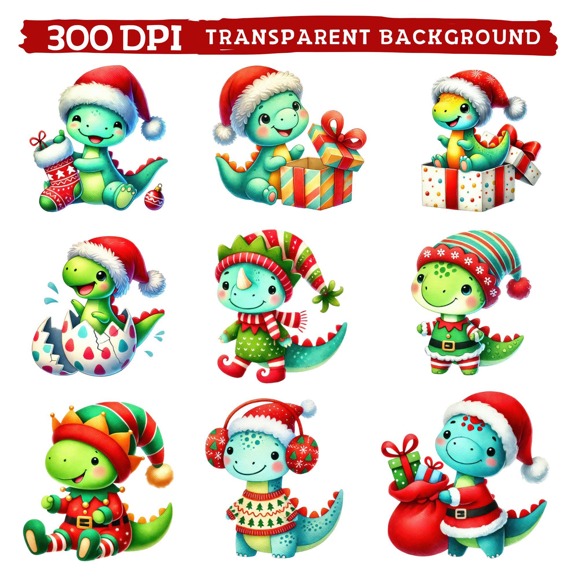 Christmas Dinosaur Clipart, Watercolor Cute Holiday Dino, Nursery Decor ...