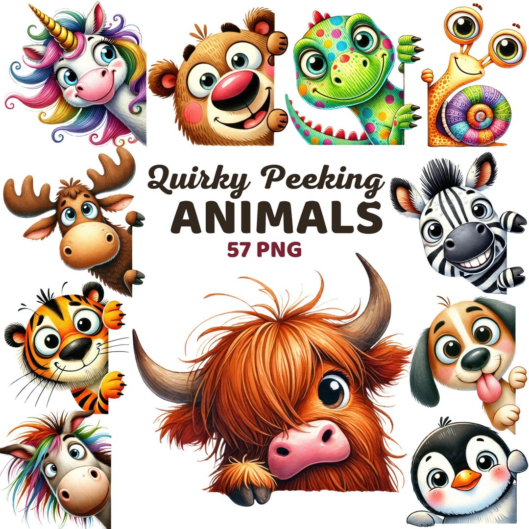 Crazy Peeking Animals Clipart, Watercolor Funny Quirky Wacky Pet, Weird ...