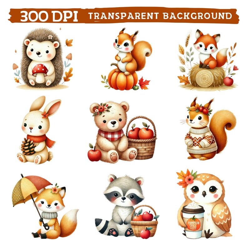 Fall Animals Clipart, Cute Autumn Woodland Animal, Watercolor Fall ...