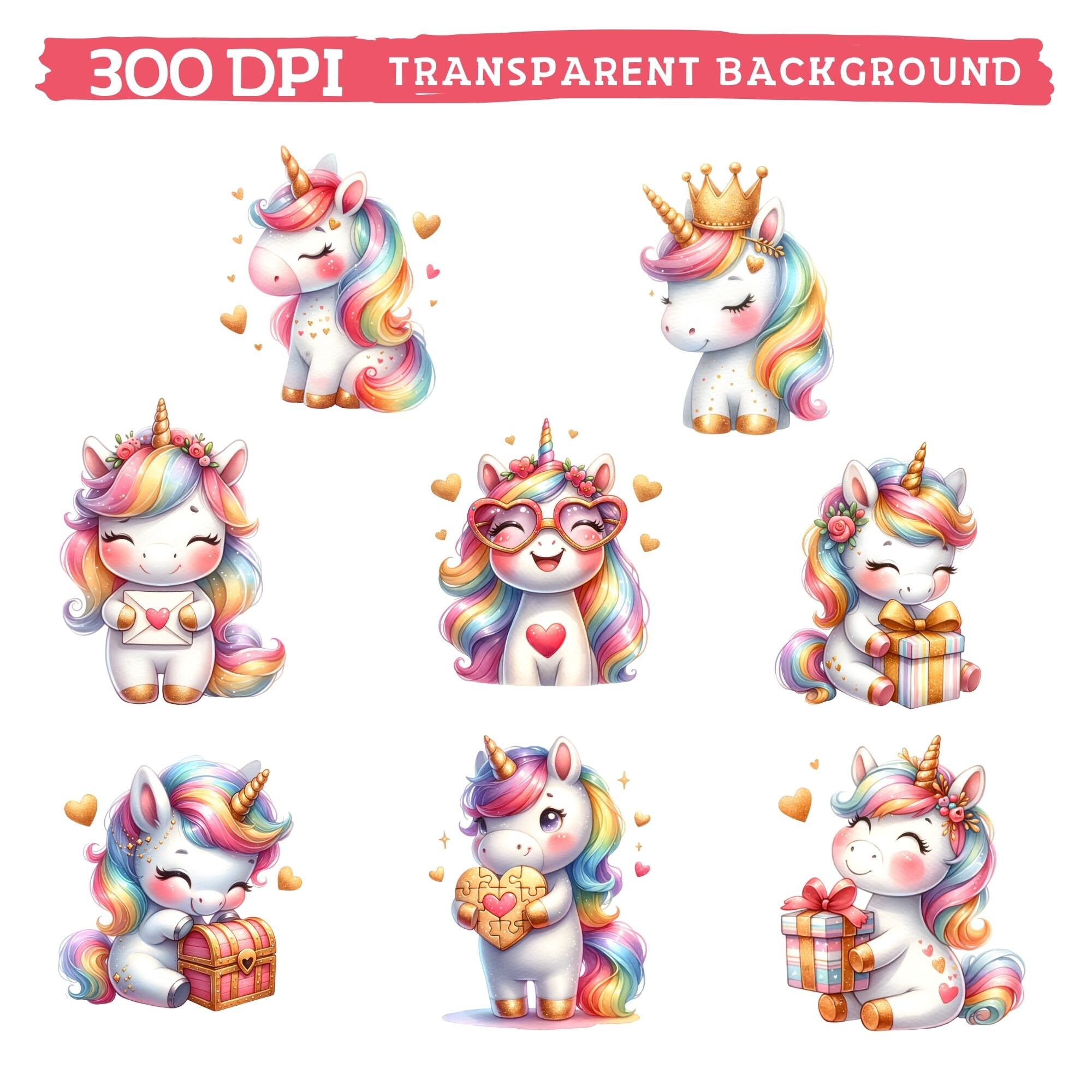Watercolor Cute Unicorn Valentine Clipart, Romantic Valentine's Day ...