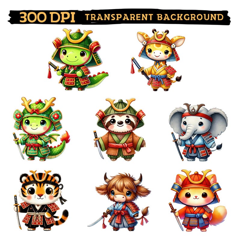 Samurai Animals Clipart, Watercolor Kawaii Warrior Animal, Nursery ...
