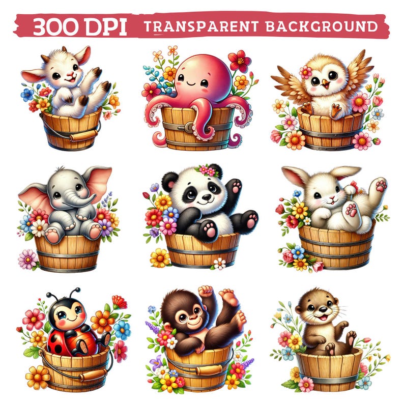 Cute Animals in Bucket Clipart, Watercolor Woodland Jungle Baby Animal ...