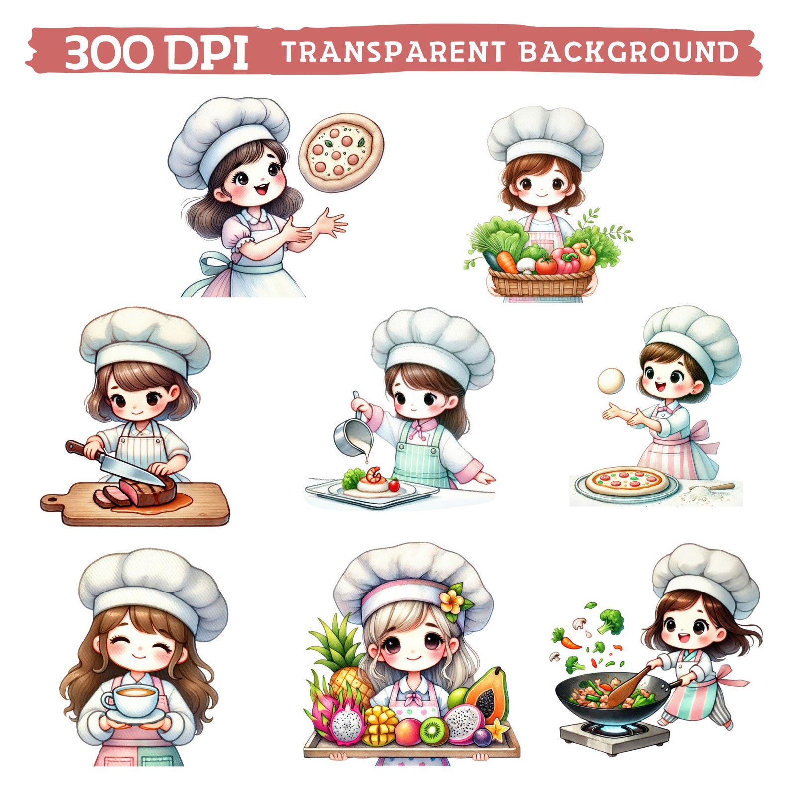 Cute Girl Chef Clipart, Watercolor Kids Kitchen, Cooking, Baking ...