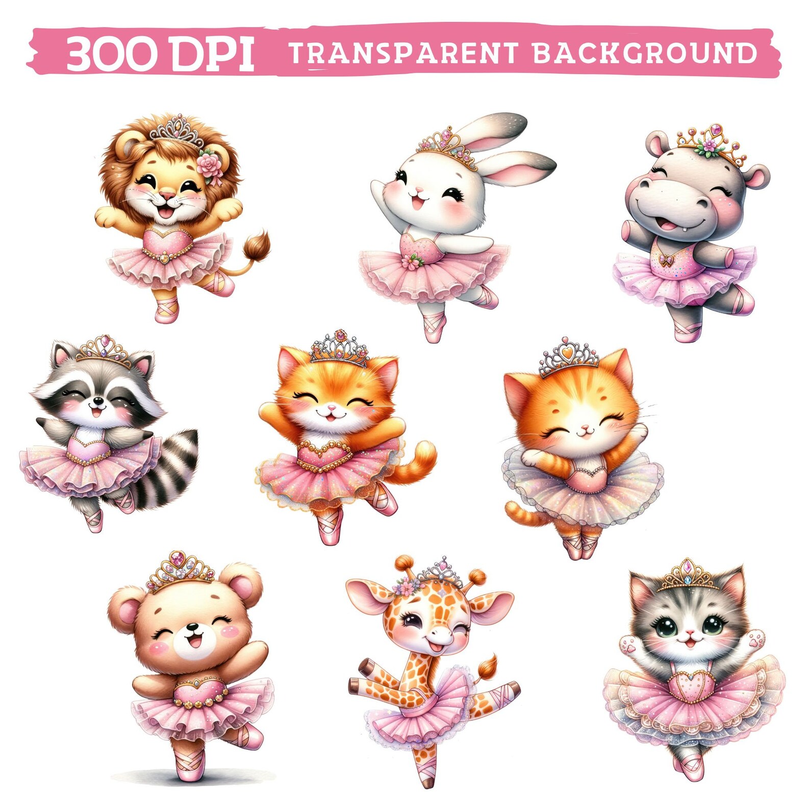 Watercolor Cute Ballerina Animals Clipart, Pink Tutu Ballerinas Animal ...