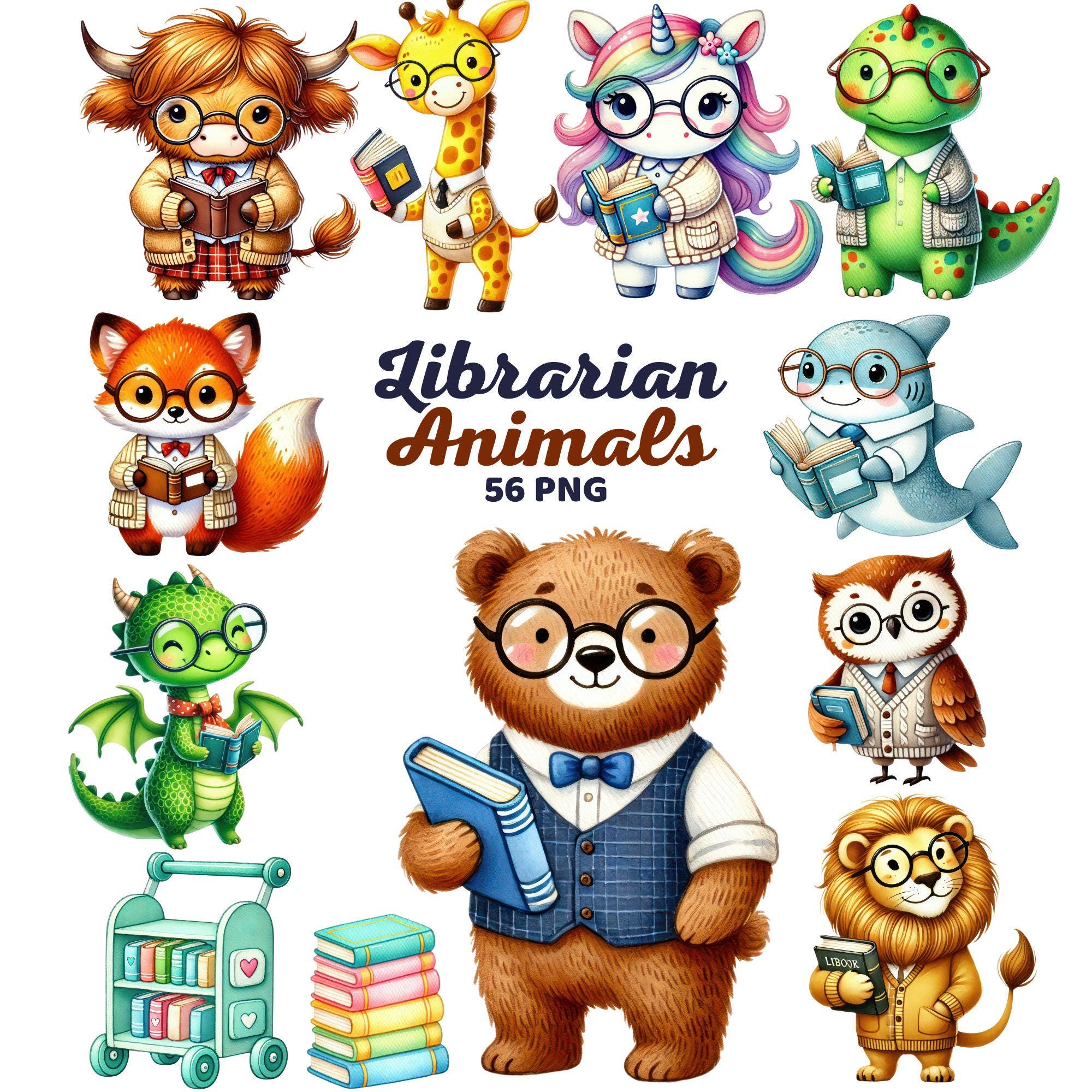 Librarian Animals Clipart, Watercolor Cute Bookish Animal for Teachers ...