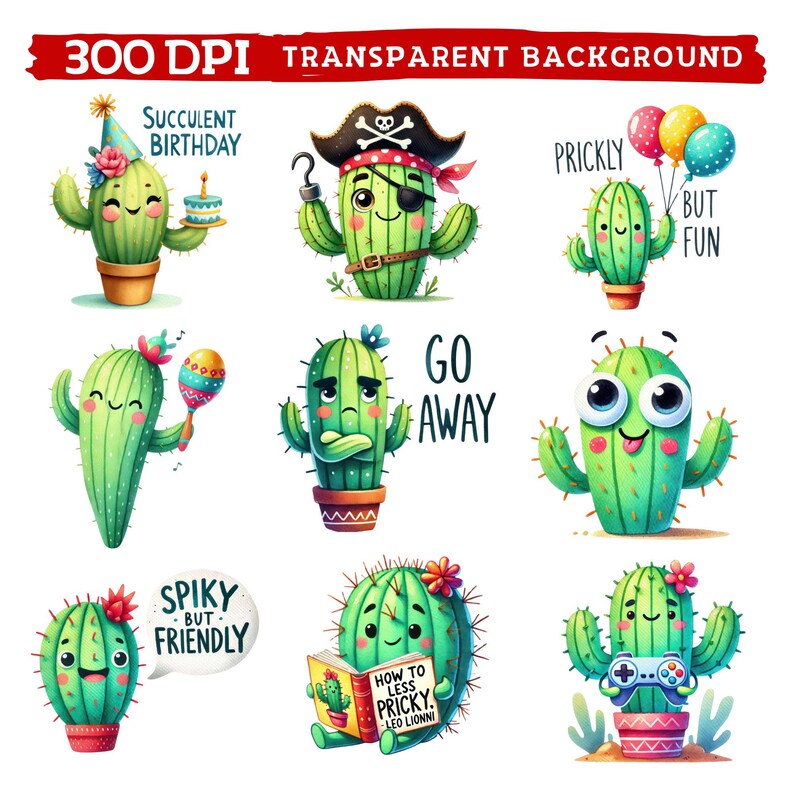 Funny Cactus Clipart, Watercolor Cute Quirky Succulent, Nursery Decor ...